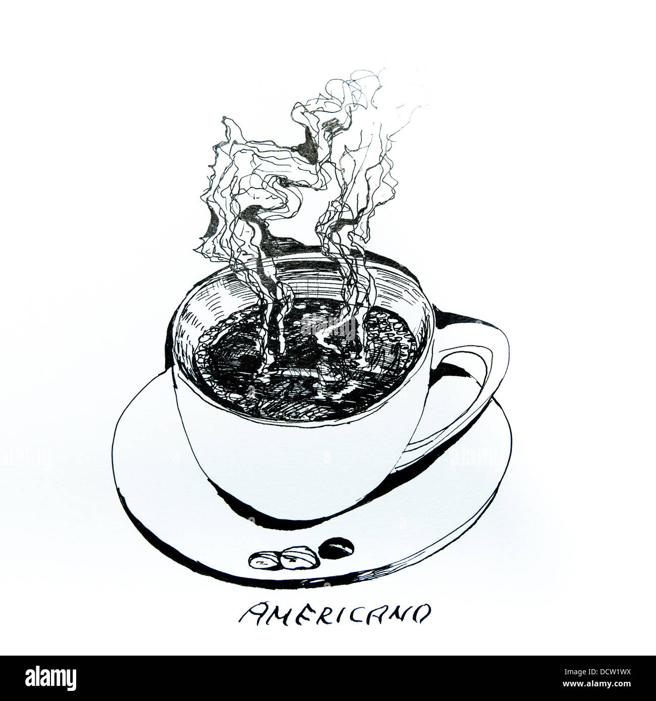 Coffee cup painted with ink on a white sheet, the inscription below ...