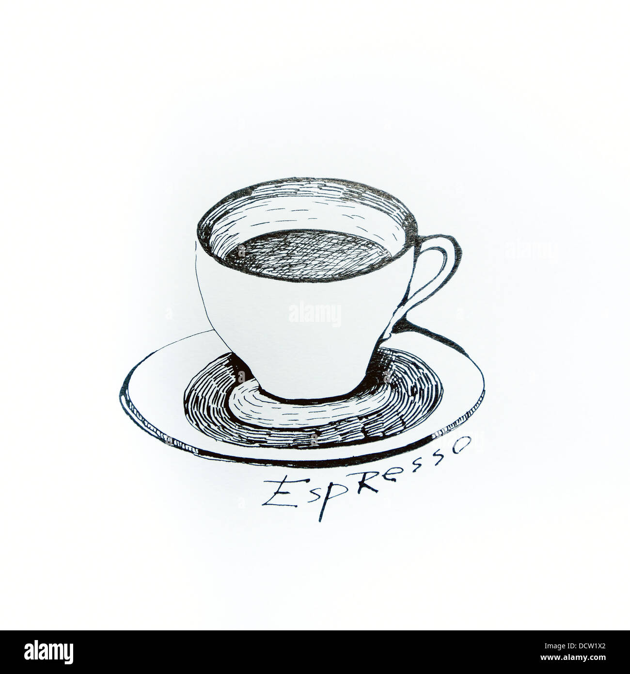 Coffee cup painted with ink on a white sheet, the inscription below ...