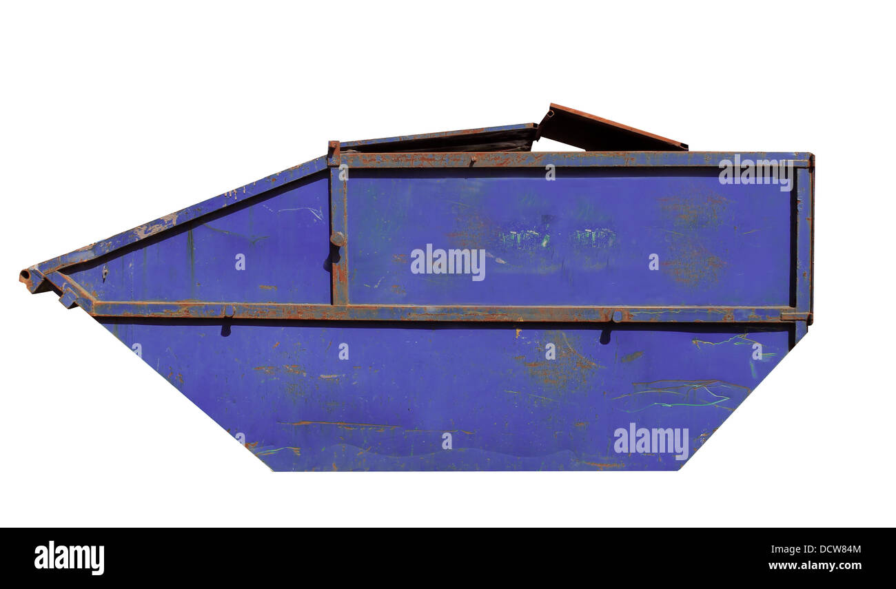Side view of rusty blue skip isolated on white background Stock Photo ...