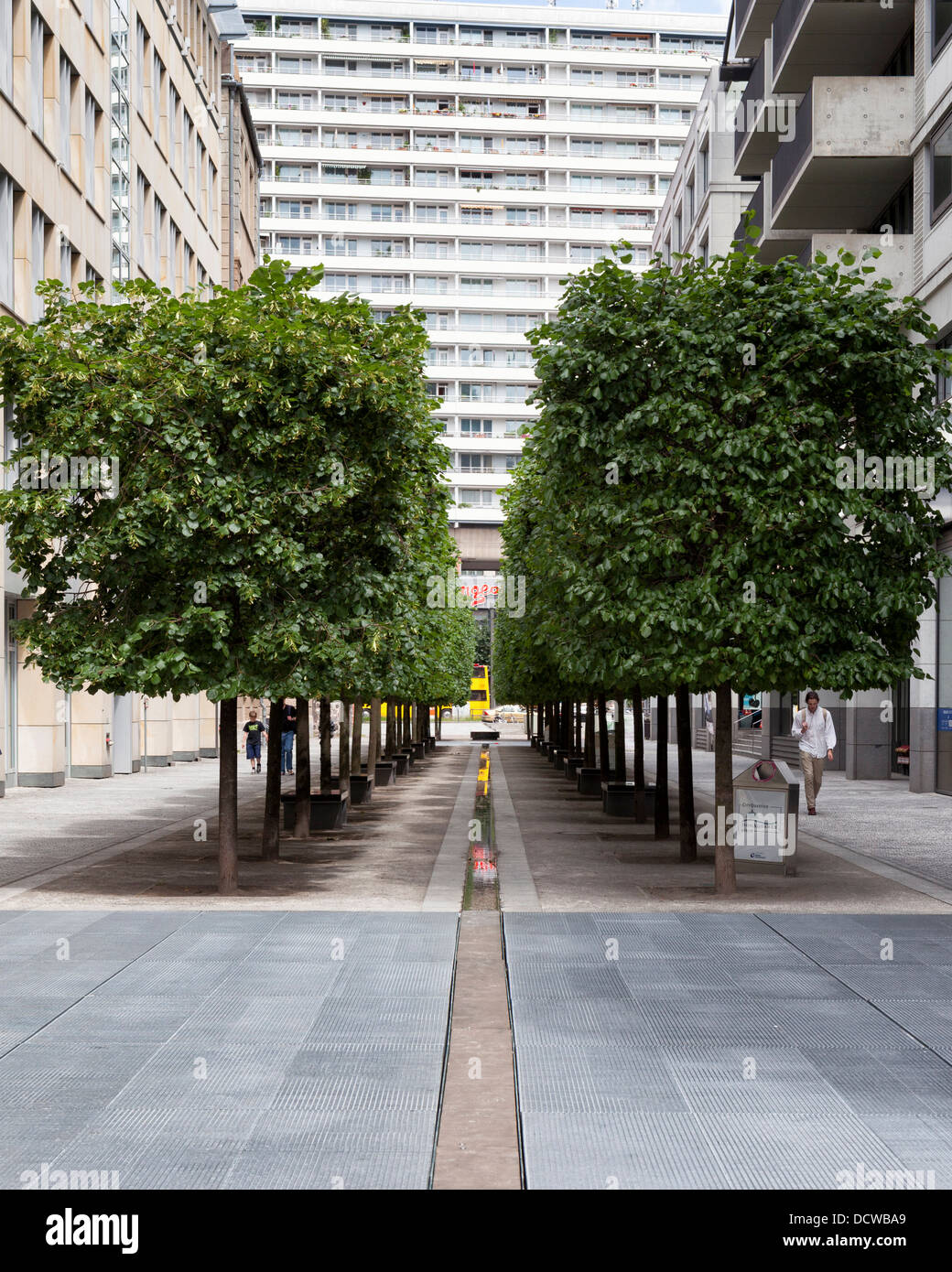 Buildings surround a symmetrical treed water feature in a Berlin Street ...