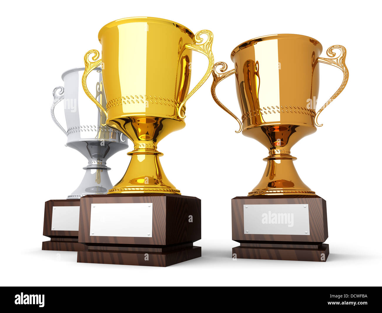 Three trophies with a blank plate for custom text. 3D rendered ...