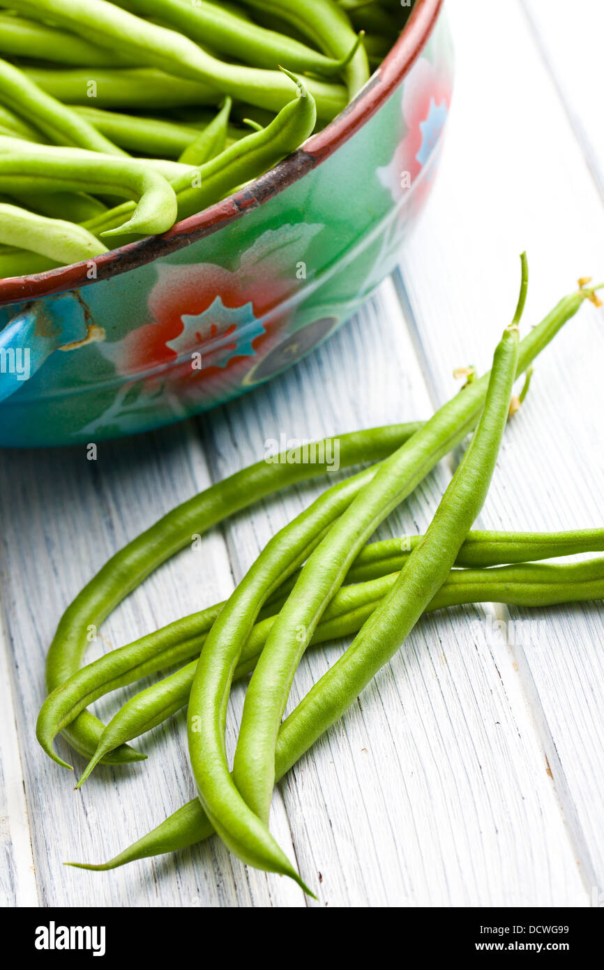 the green beans on kitchen table Stock Photo - Alamy