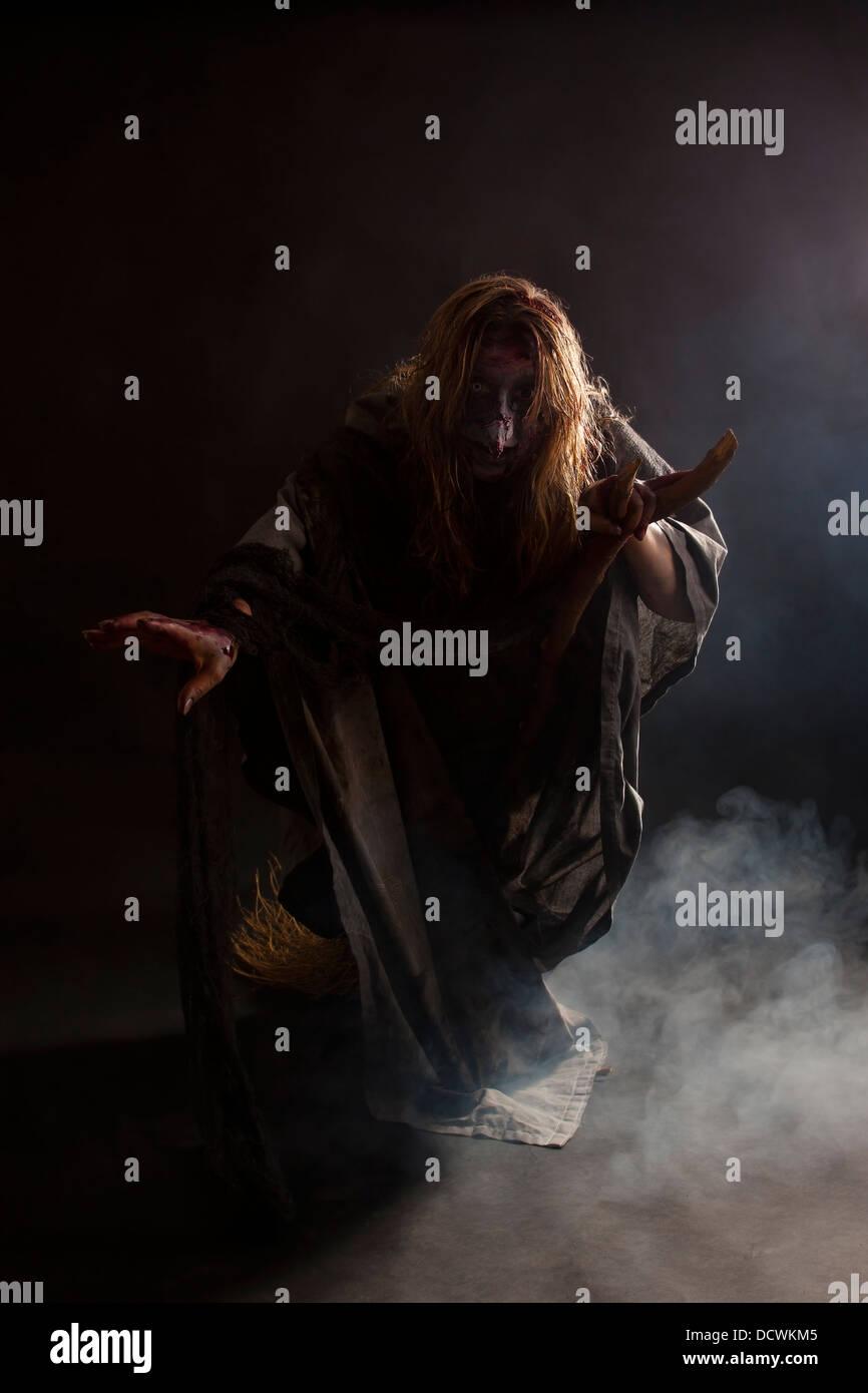 Witch on a broom in the fog Stock Photo - Alamy