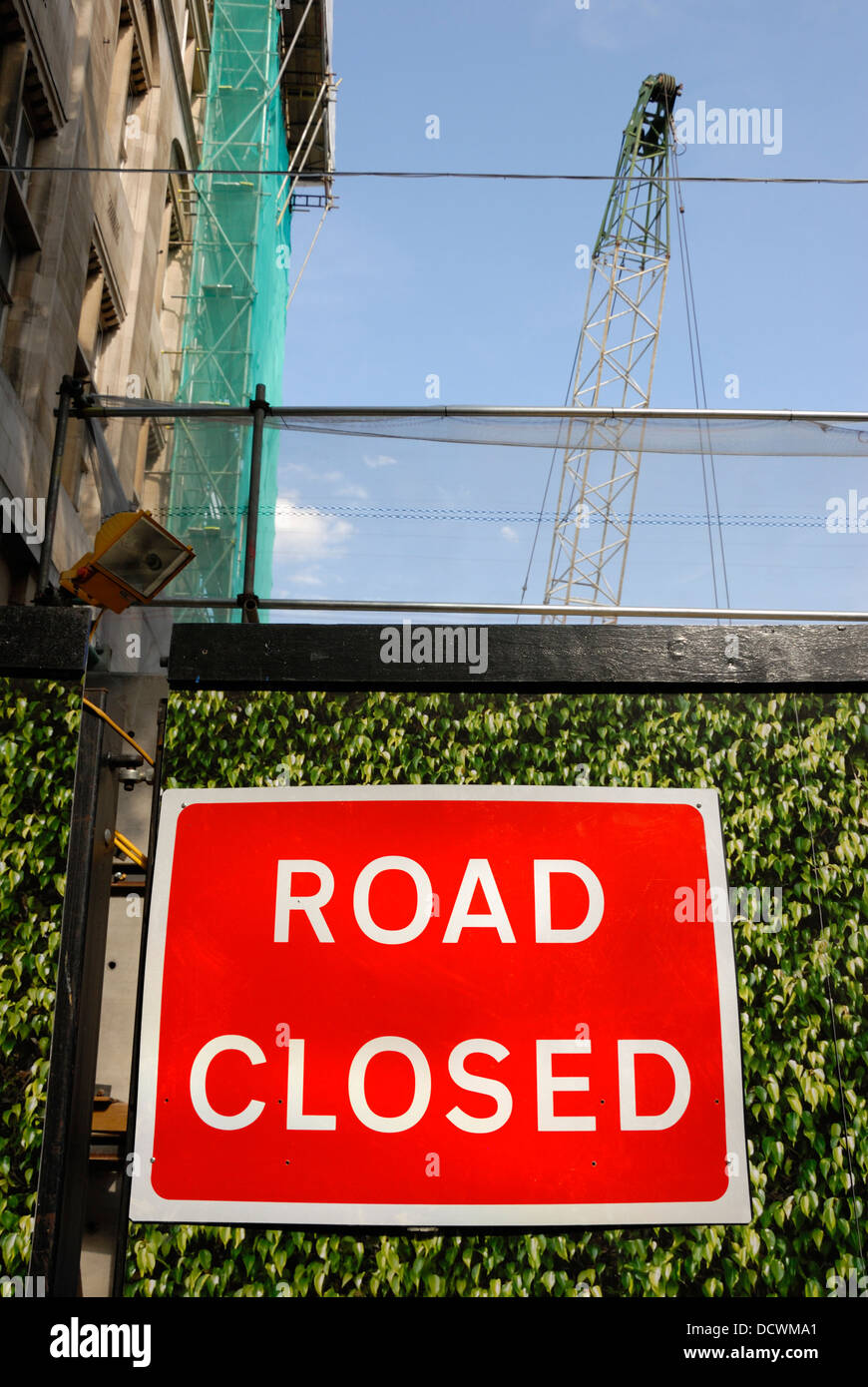 London, England, UK. Road Closed sign, with crane behind Stock Photo ...