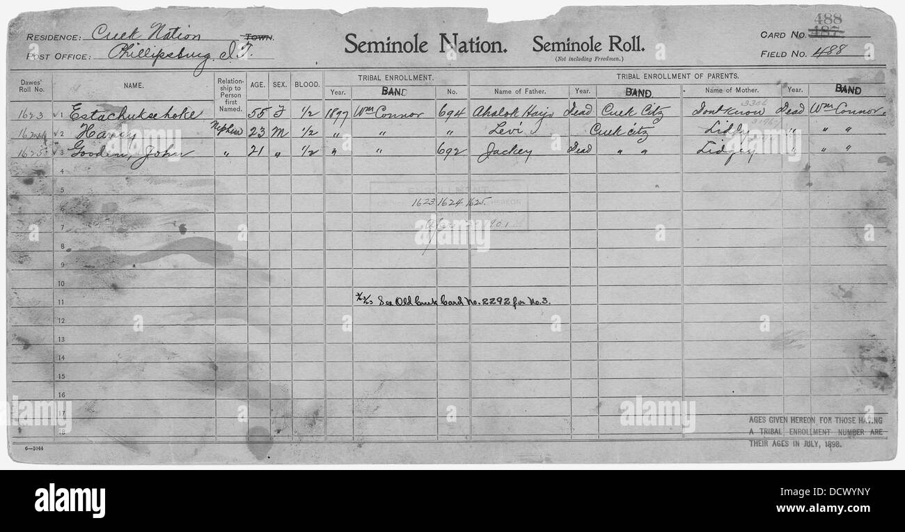The enrollment for Seminole Census Card 488, a significant document in ...