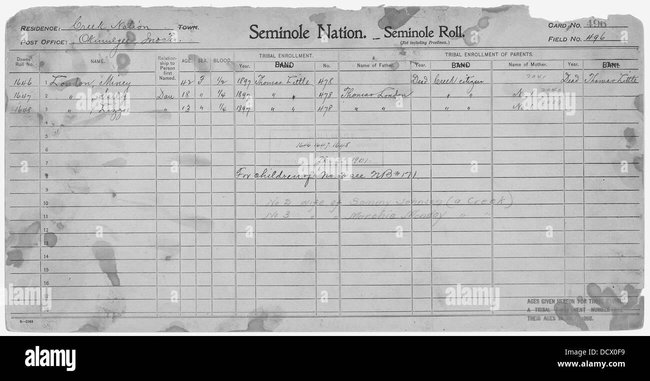 The enrollment for Seminole Census Card 496 records the participation ...