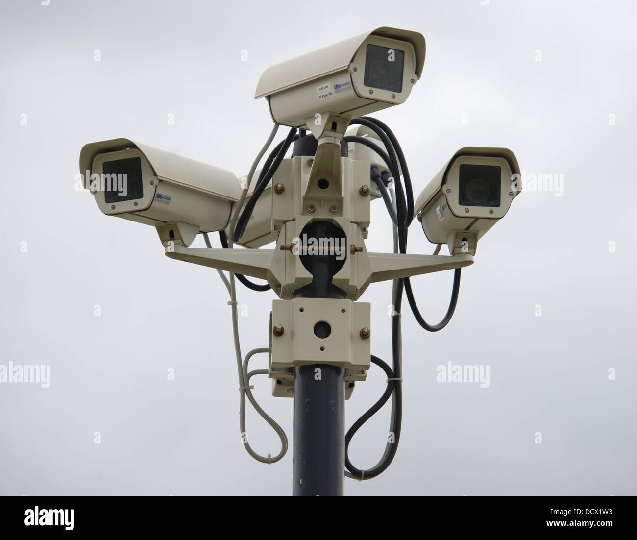 View of a mast with video cameras to monitor a square in Schoenefeld ...