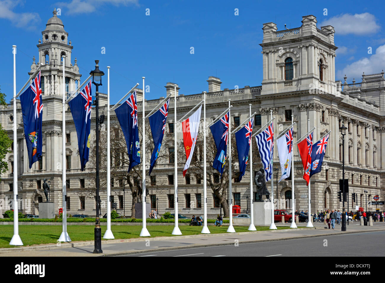 Flags in Parliament Square with Government Offices beyond Stock Photo ...