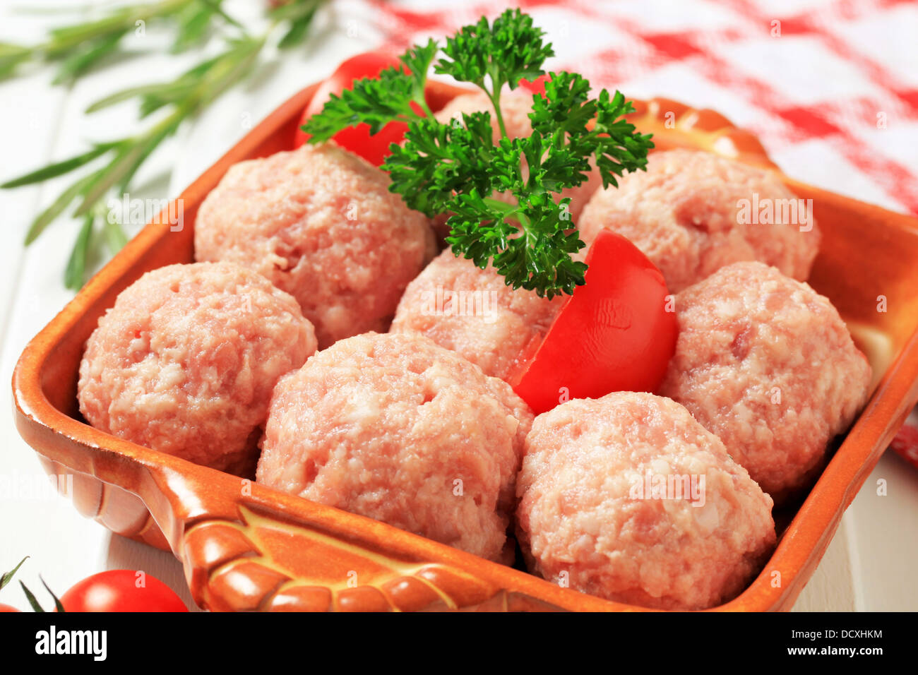 Balls of minced meat in ceramic dish Stock Photo - Alamy