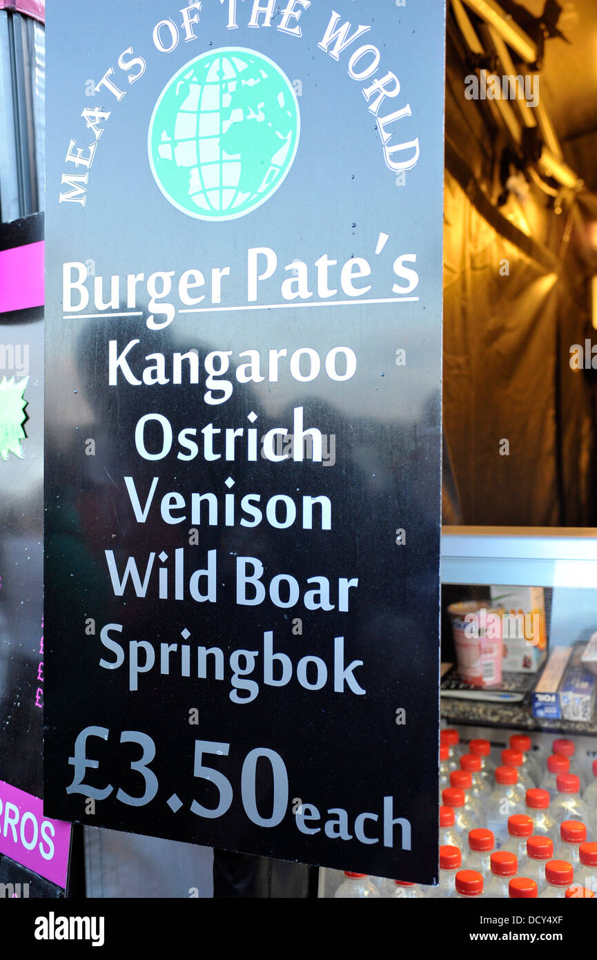 Meats of the world menu at a burger stall in the continental market on ...
