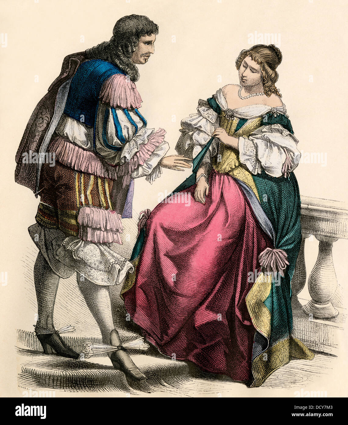 Fashionable couple in the Netherlands, end of 1600s. Hand-colored print ...