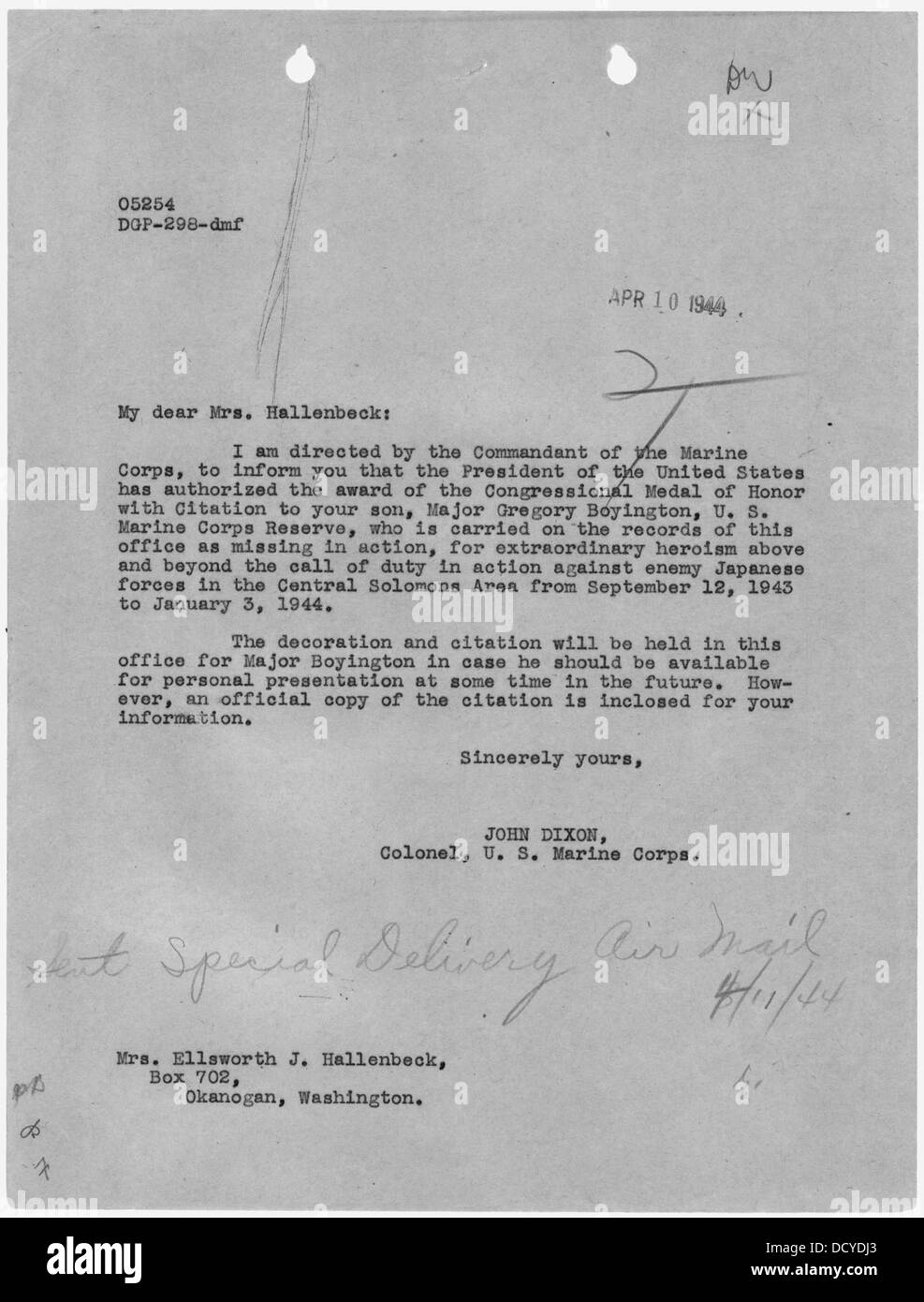 Letter from colonel john dixon to mrs ellsworth j hallenbeck Black and ...