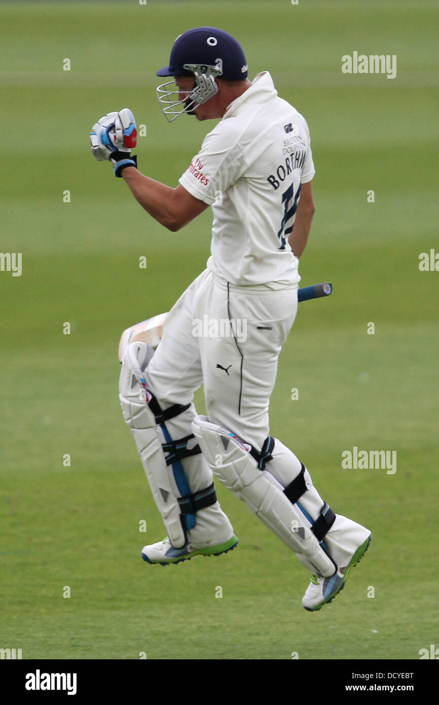 Durham, UK. 22nd August 2013. Durham's Scott Borthwick celebrates his ...