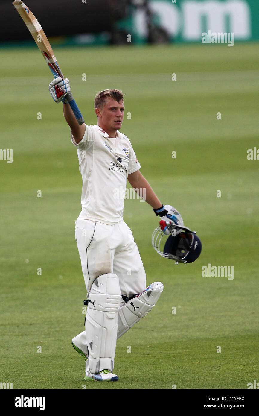 Durham, UK. 22nd August 2013. Durham's Scott Borthwick celebrates his ...