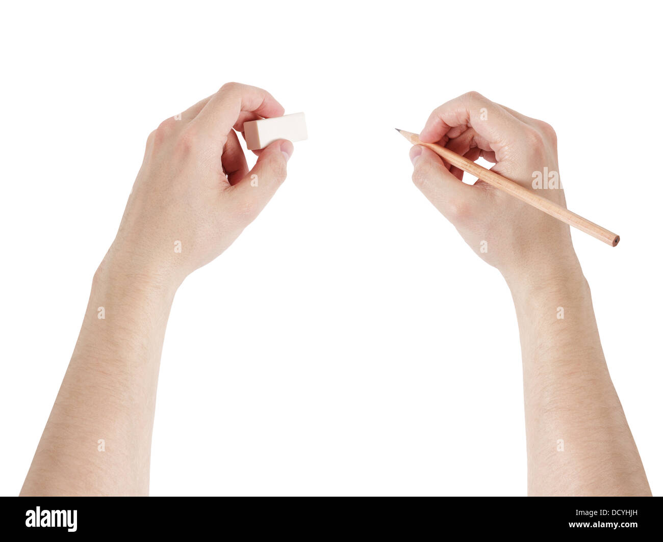 adult man hands with pencil and eraser, isolated Stock Photo - Alamy