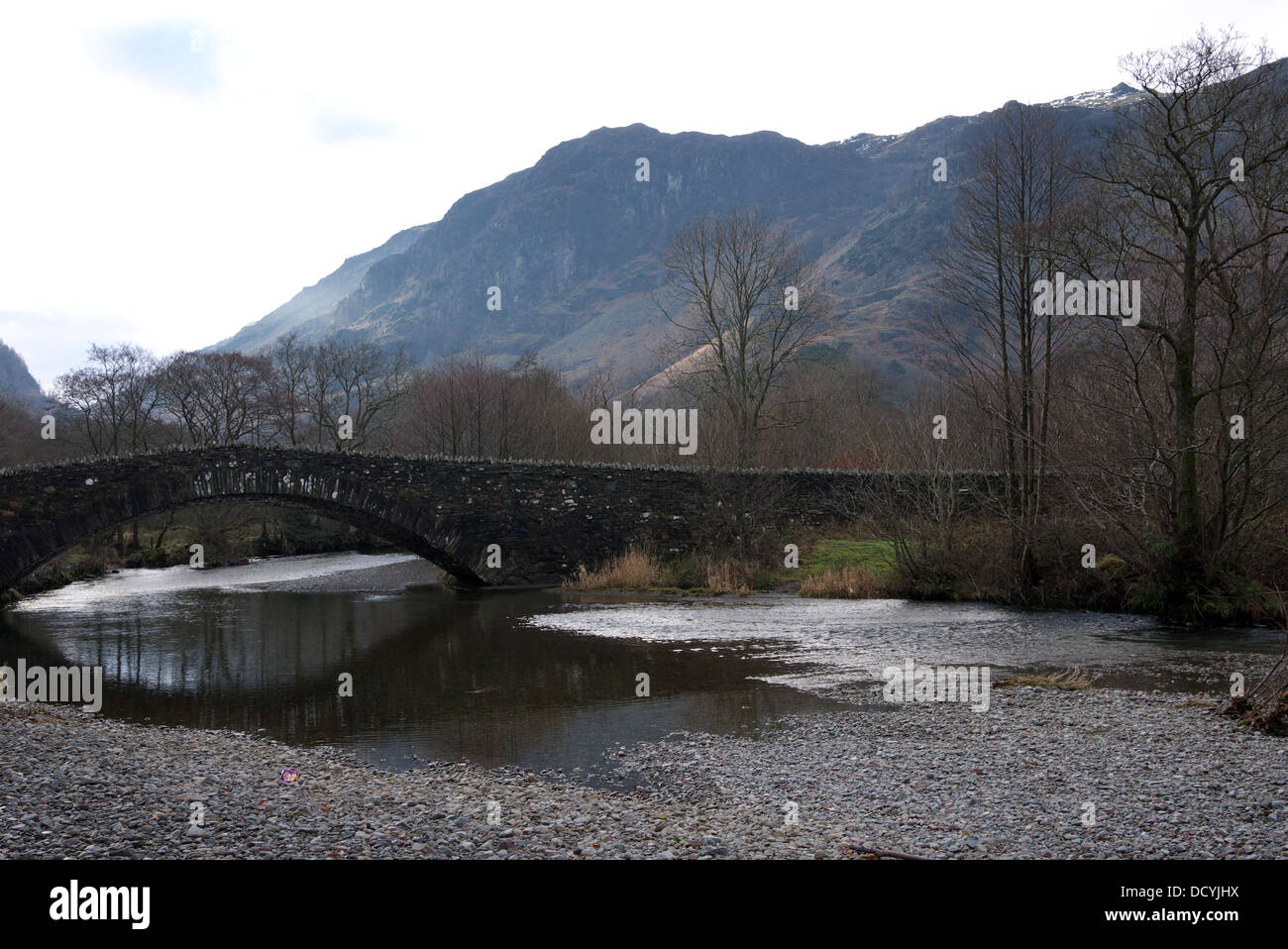 Bridge over River Derwent, Grange village, Derwent Water, Lake District ...