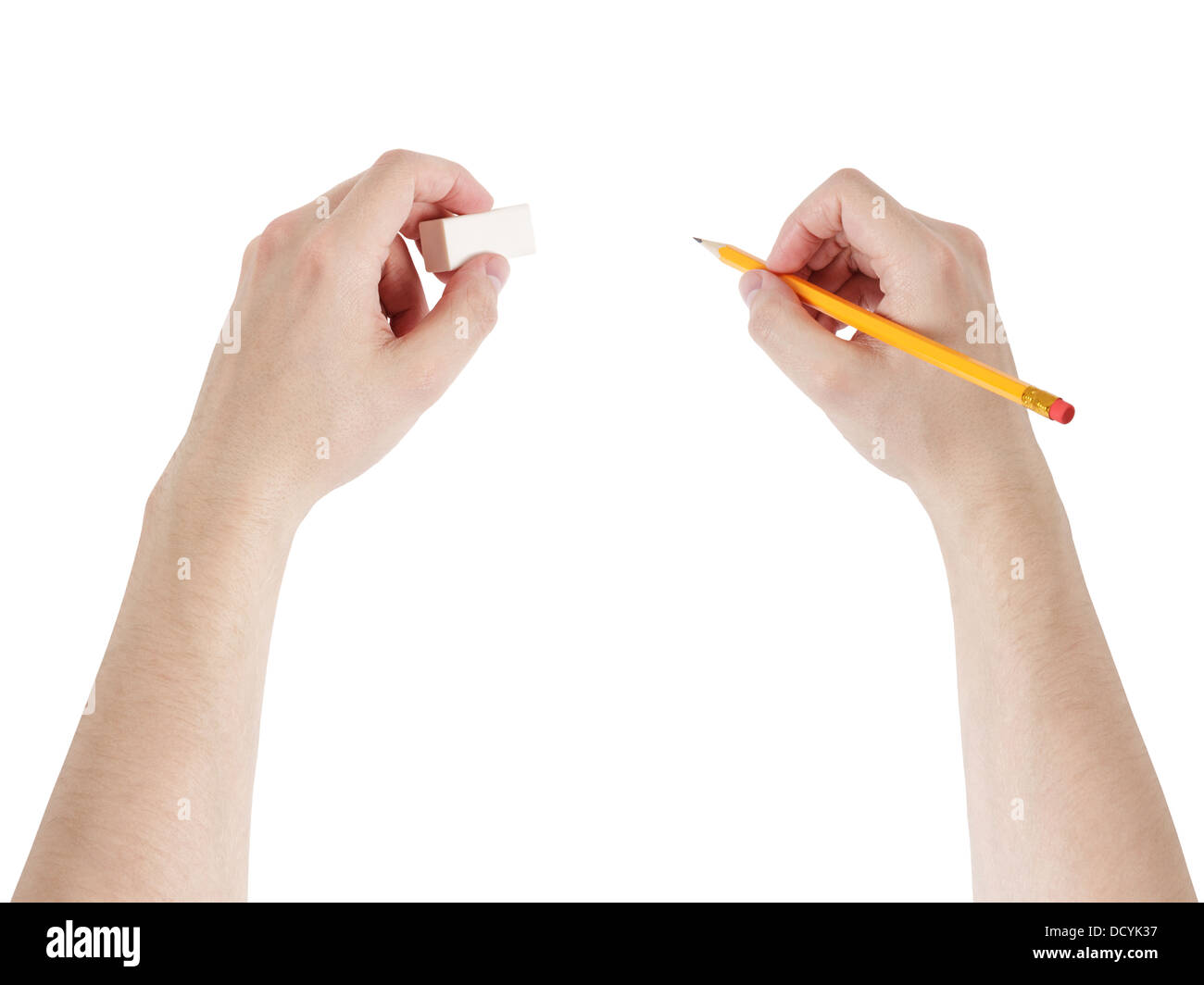 adult man hands with pencil and eraser, isolated Stock Photo - Alamy