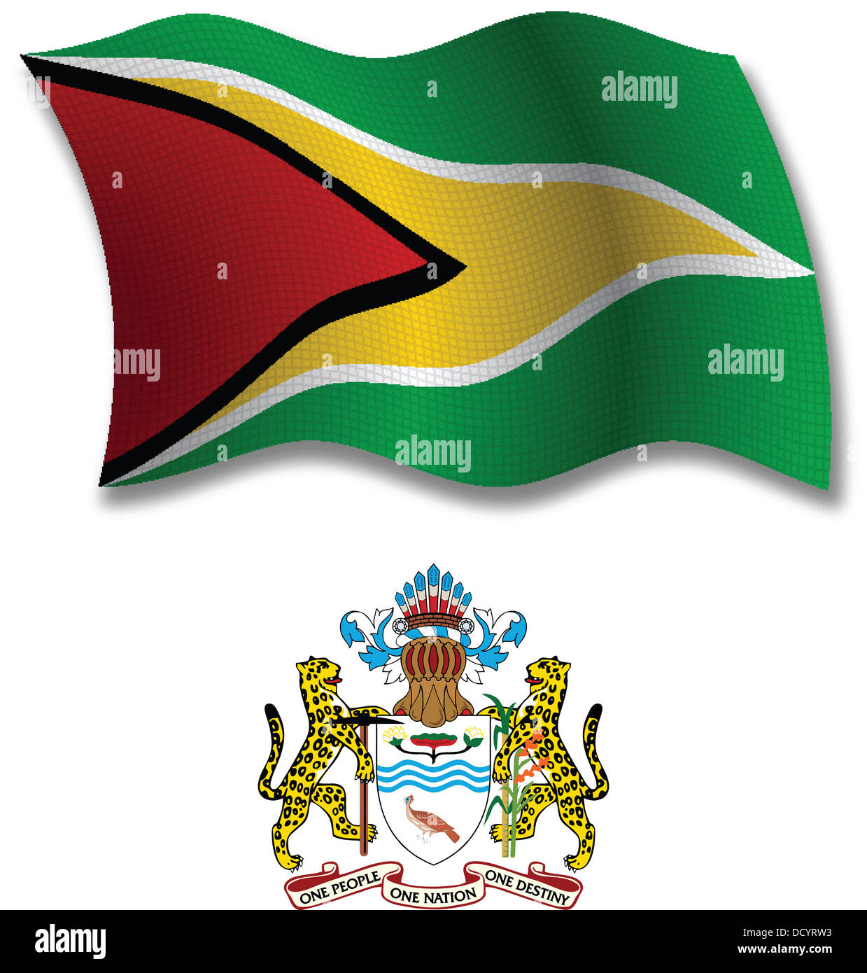 guyana shadowed textured wavy flag and coat of arms against white ...