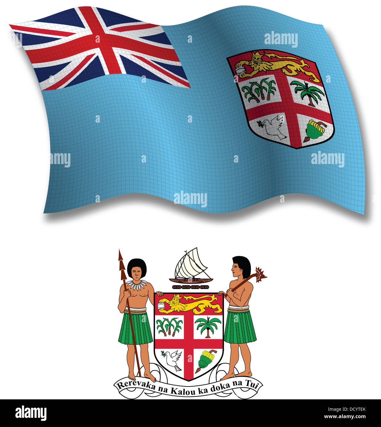 fiji shadowed textured wavy flag and coat of arms against white ...