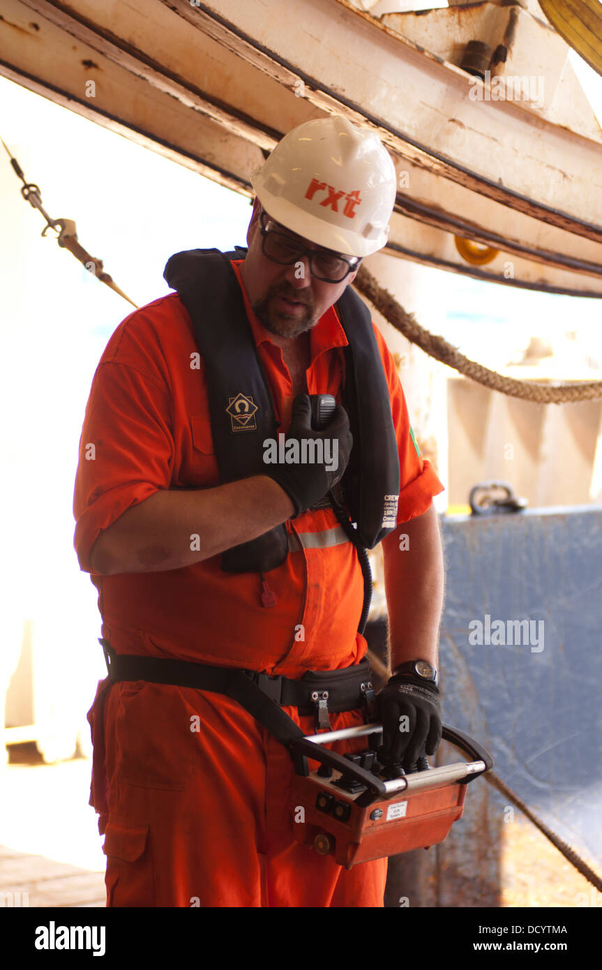 Gun Mechanics working on Seismic Air guns at Gun Deck in the seismic ...