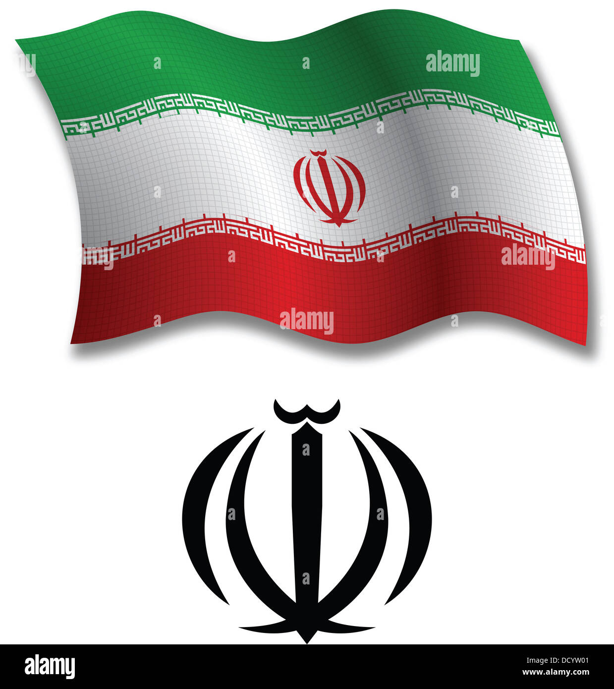 iran shadowed textured wavy flag and coat of arms against white ...