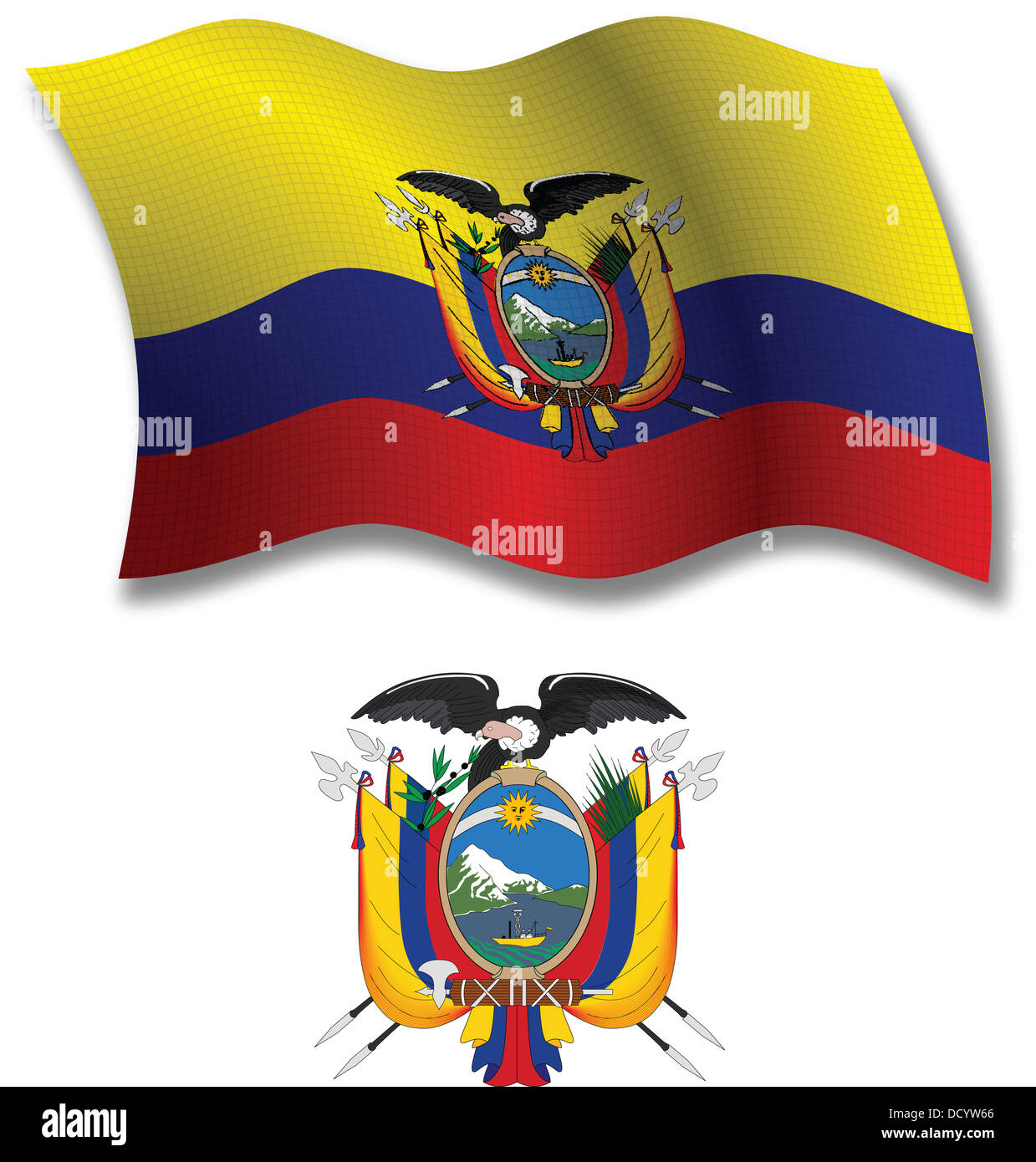 ecuador shadowed textured wavy flag and coat of arms against white ...