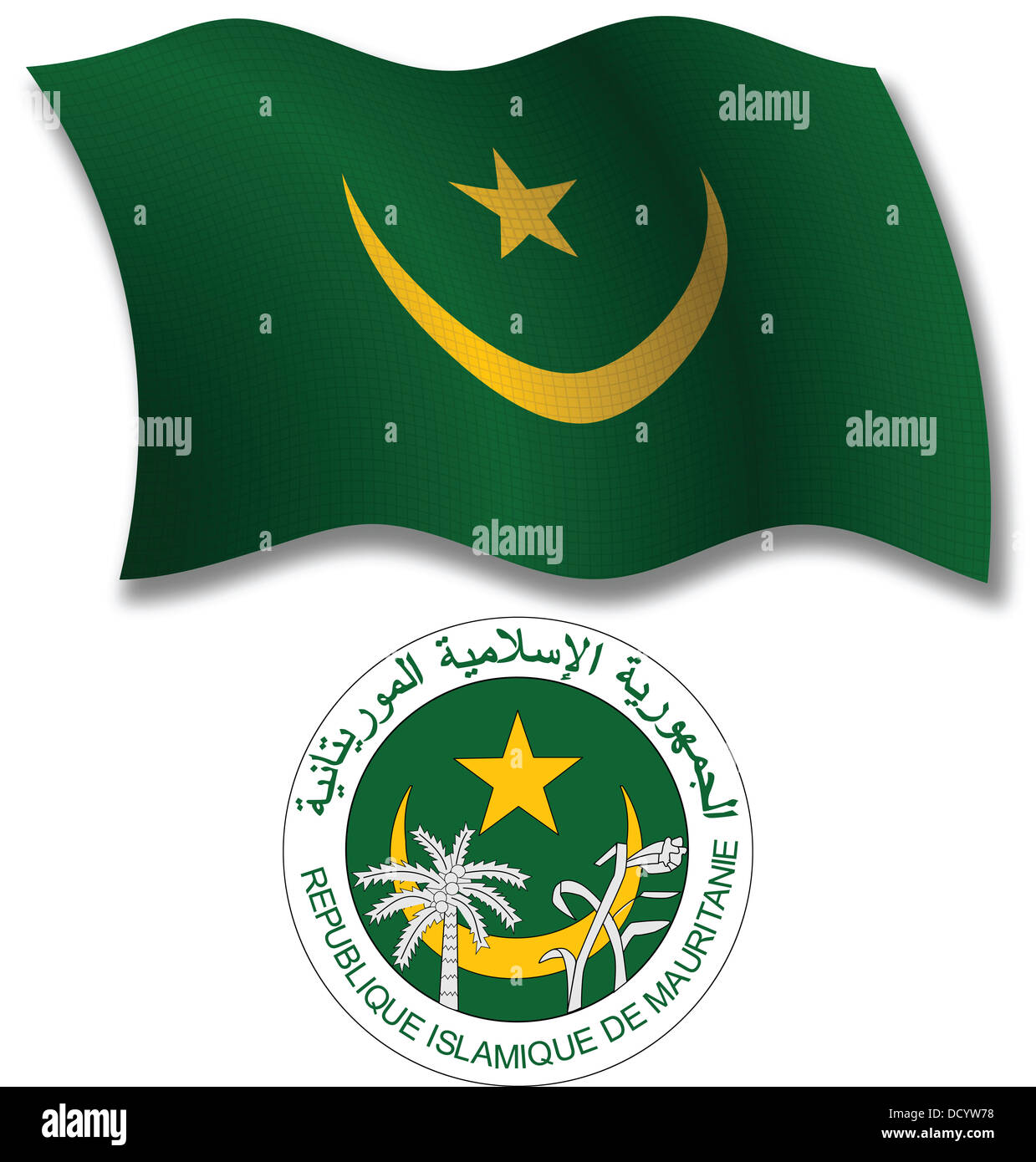 Mauritania Shadowed Textured Wavy Flag And Coat Of Arms Against White Vector Art Illustration