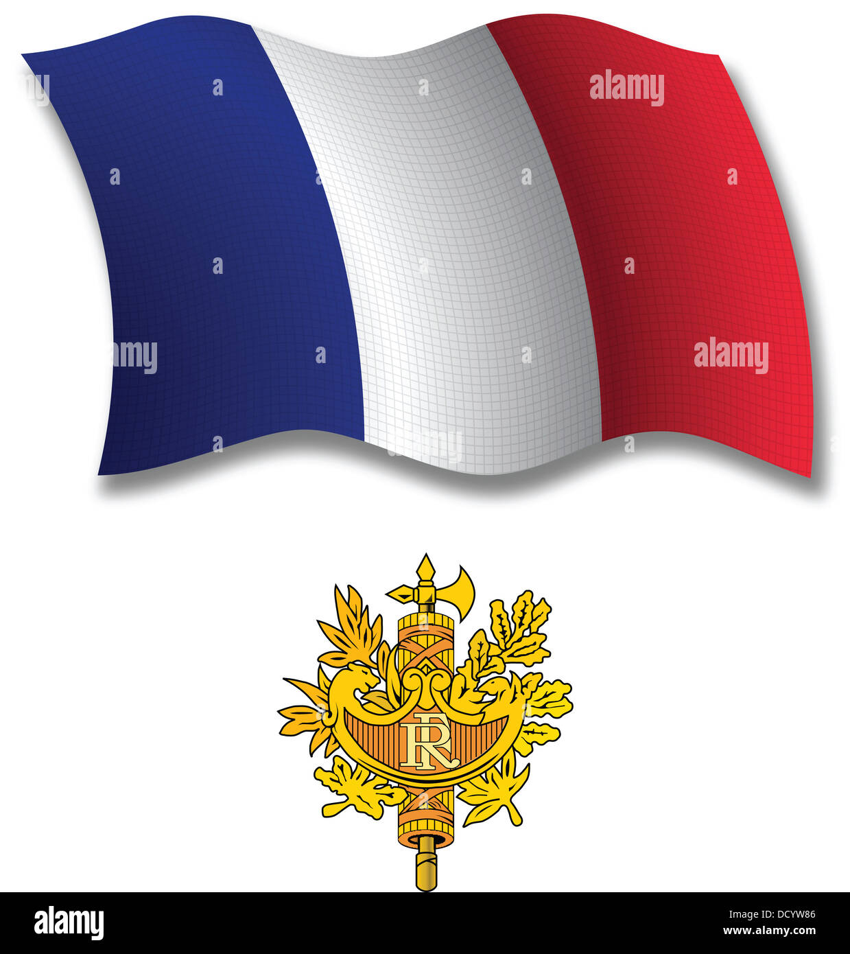 france shadowed textured wavy flag and coat of arms against white ...