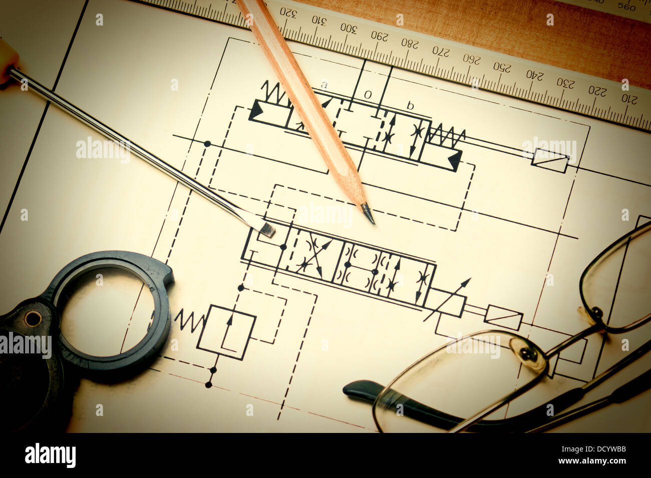 technical schemes with a pencil and ruler Stock Photo - Alamy