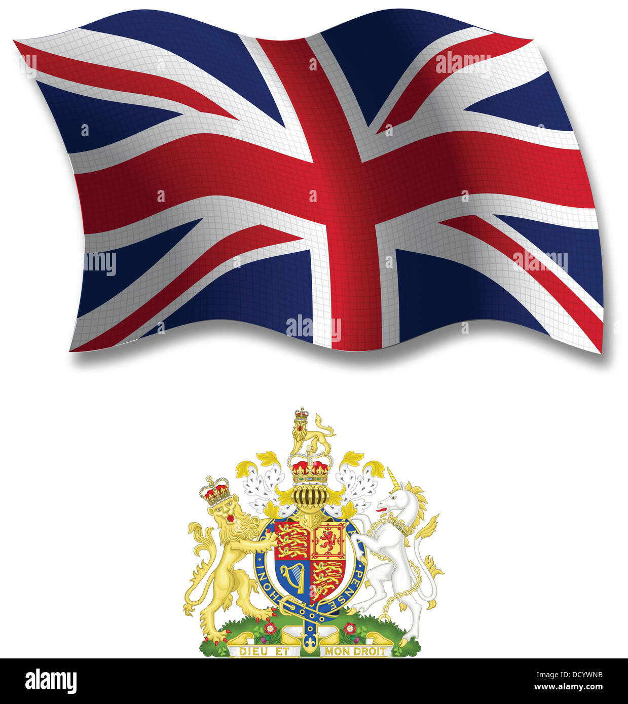 united kingdom shadowed textured wavy flag and coat of arms against ...