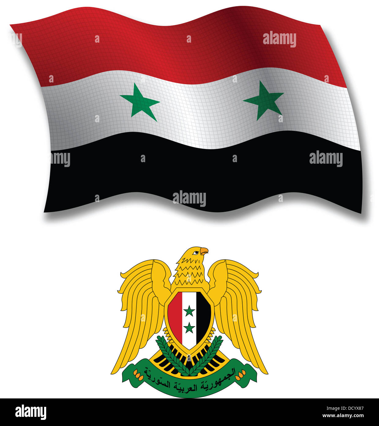 syria shadowed textured wavy flag and coat of arms against white ...