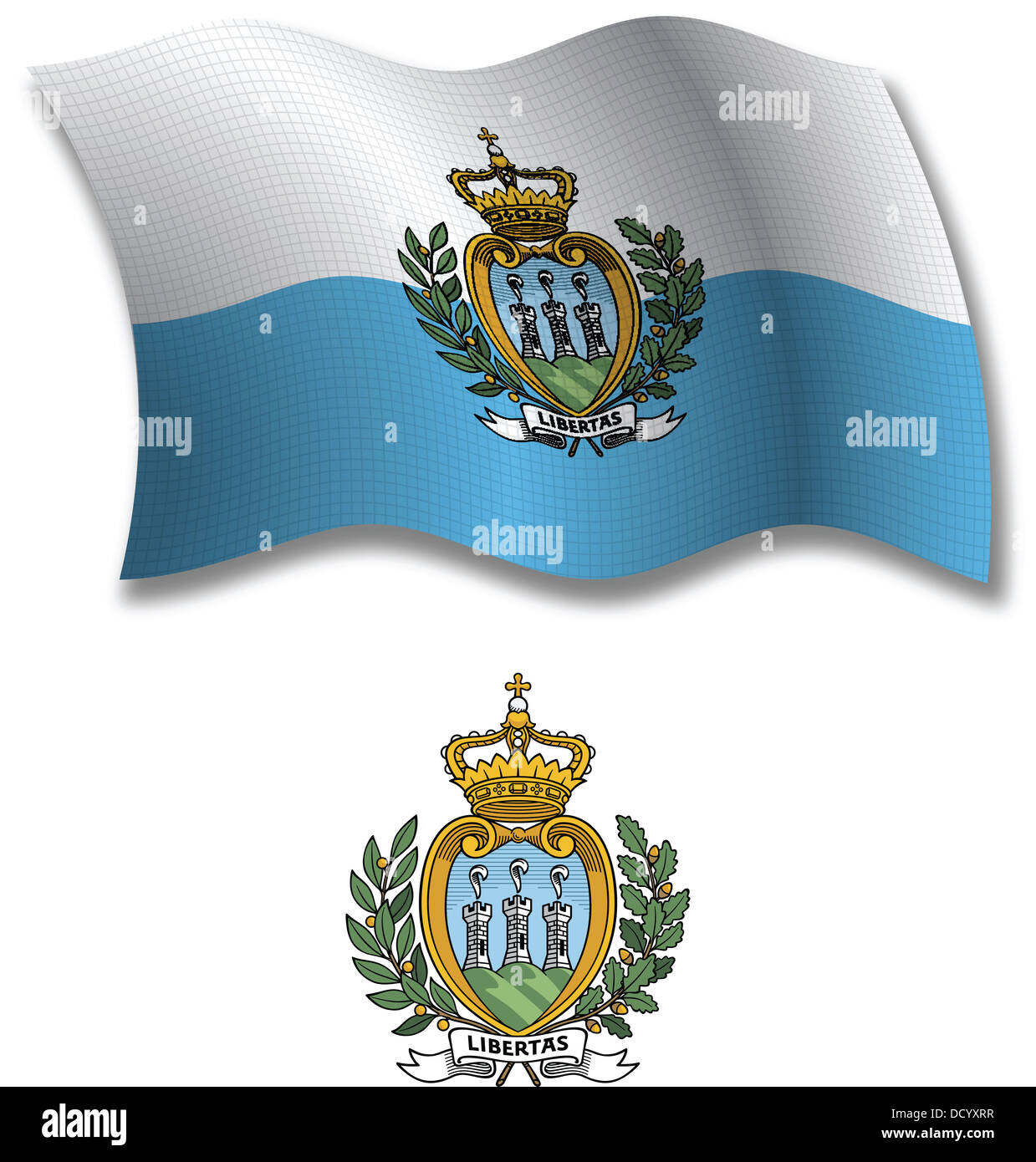 san marino shadowed textured wavy flag and coat of arms against white ...