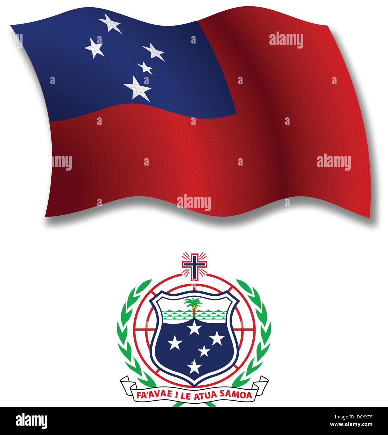 samoa shadowed textured wavy flag and coat of arms against white ...