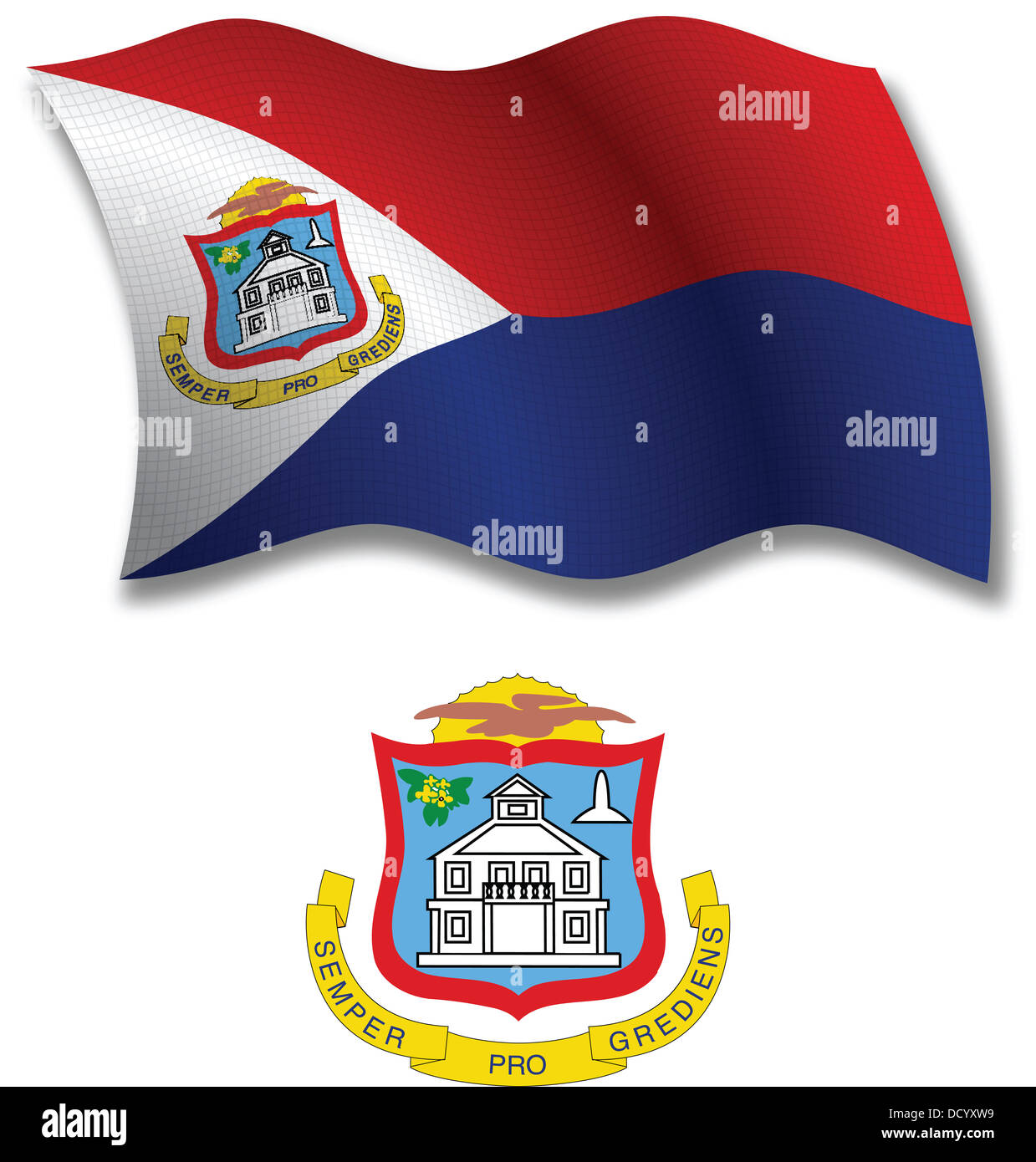 saint martin shadowed textured wavy flag and coat of arms against white ...