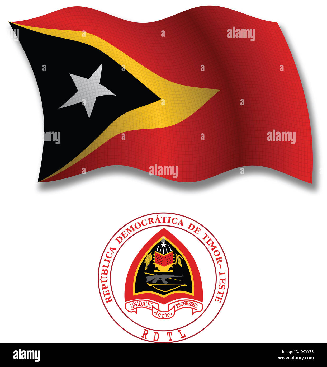 east timor shadowed textured wavy flag and coat of arms against white ...
