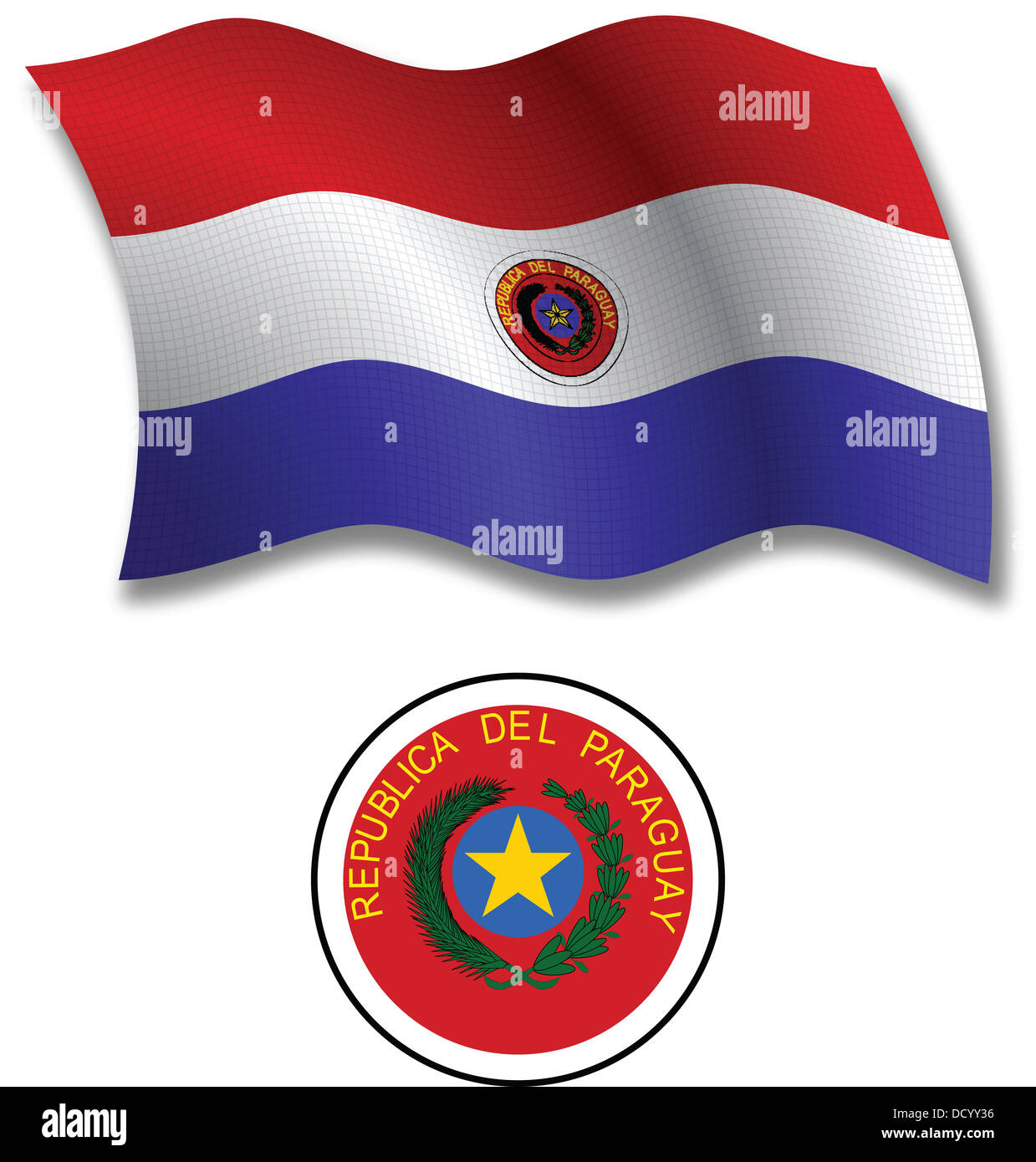 paraguay shadowed textured wavy flag and coat of arms against white ...