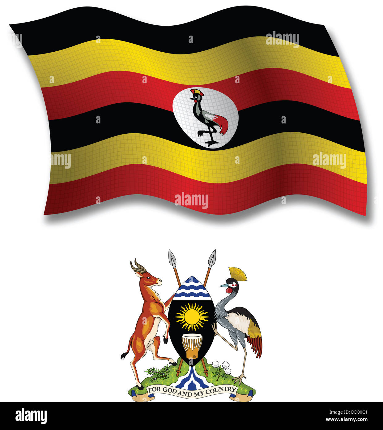 uganda shadowed textured wavy flag and coat of arms against white ...