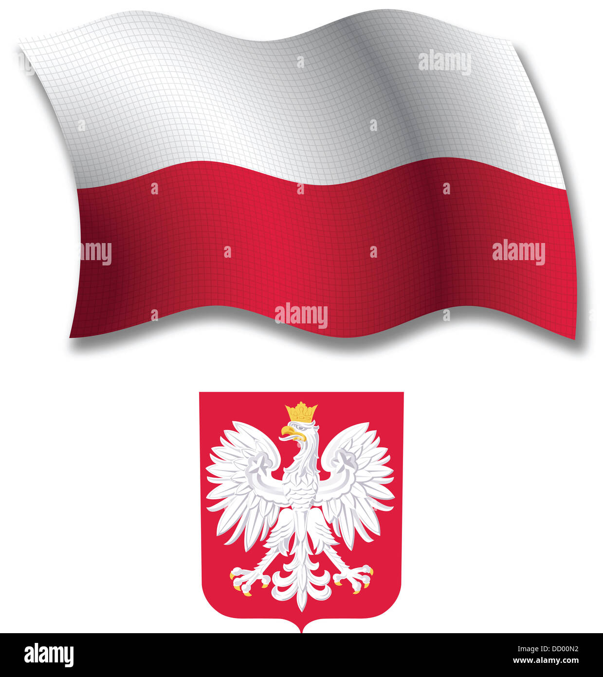 poland shadowed textured wavy flag and coat of arms against white ...