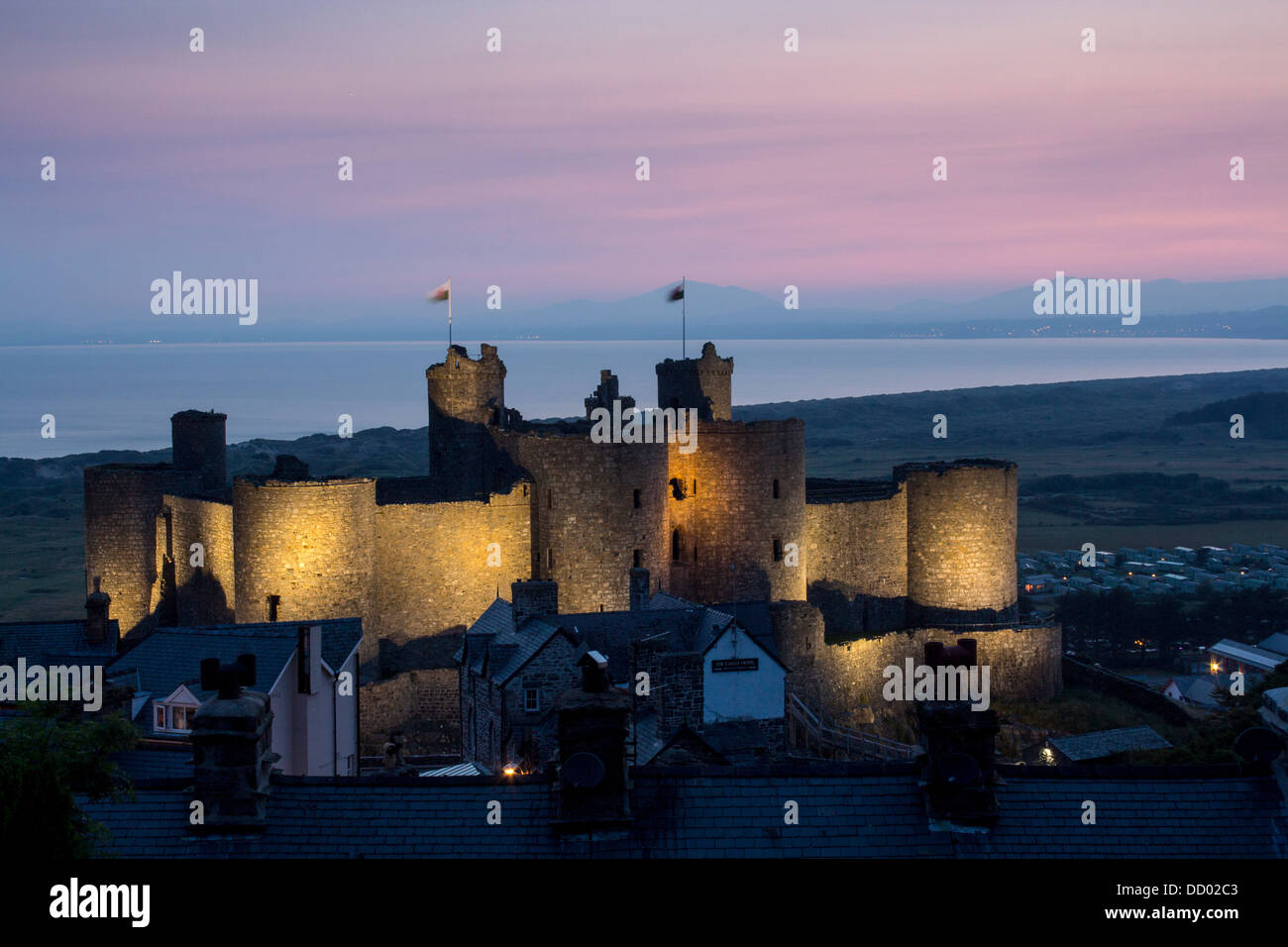 Harlech Castle at night / sunset / twilight / dusk looking out to sea ...