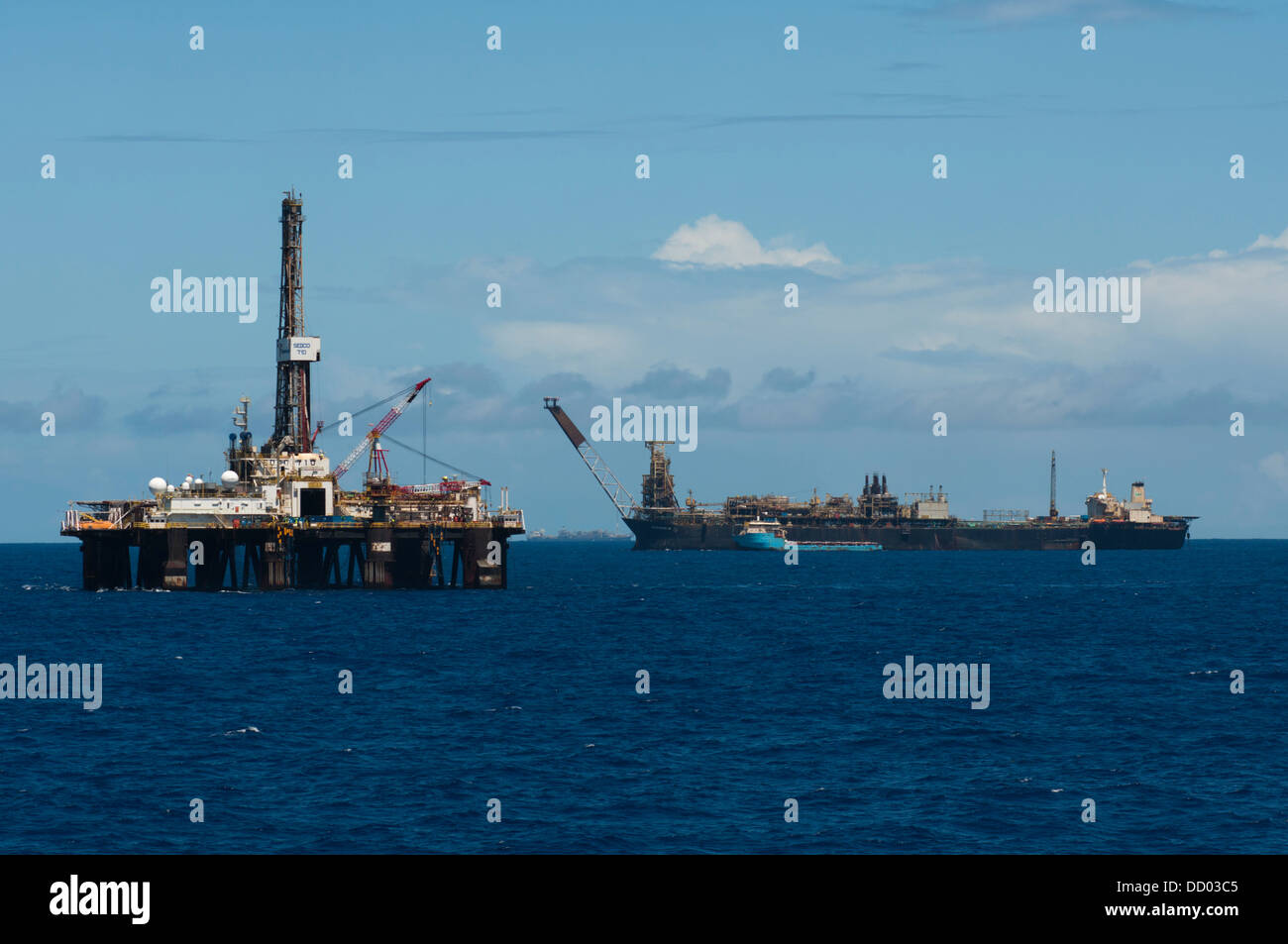 drilling rig and an FPSO vessel at oil field in Campos basin, Brazil ...