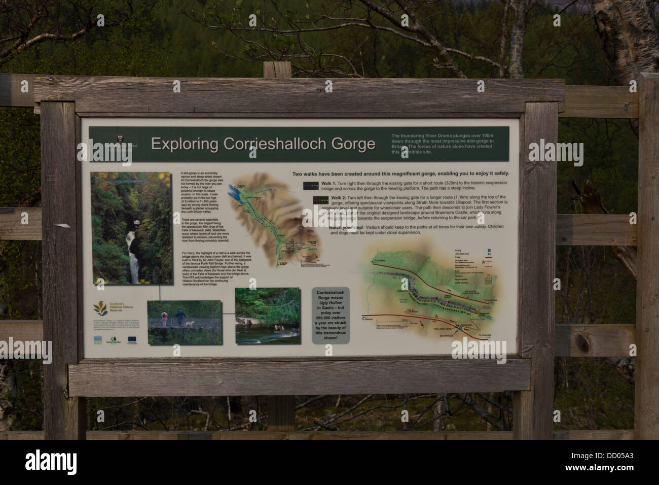 Sign for the Corrieshalloch Gorge in Scotland, a natural wonder where a ...