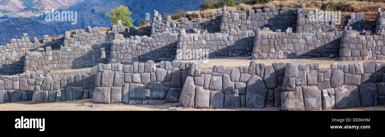 Sacsaywaman Inca ruins: panorama view of the massive zig zag stone wall ...