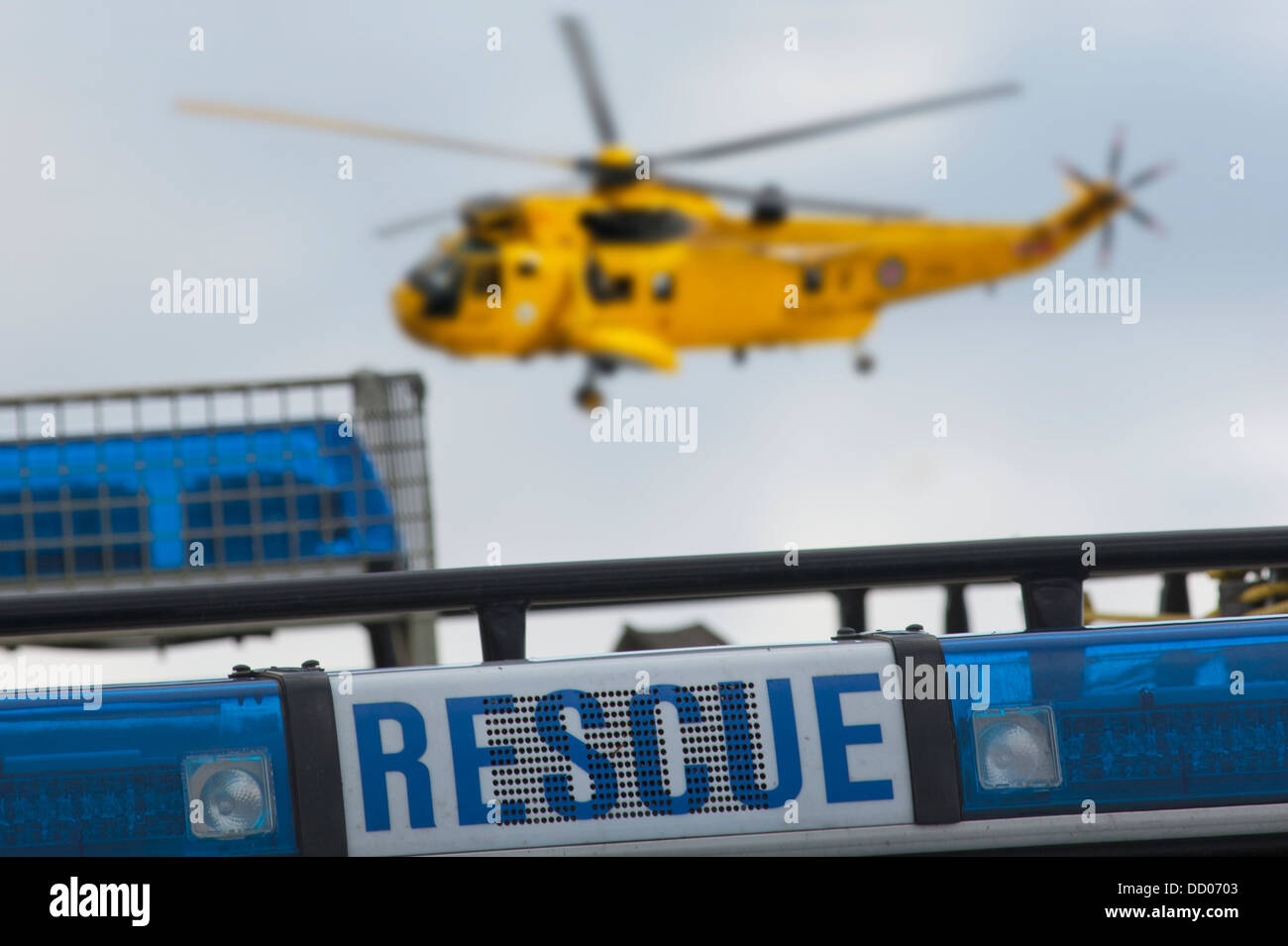 A Yellow Rescue Helicopter; Northumberland England Stock Photo - Alamy