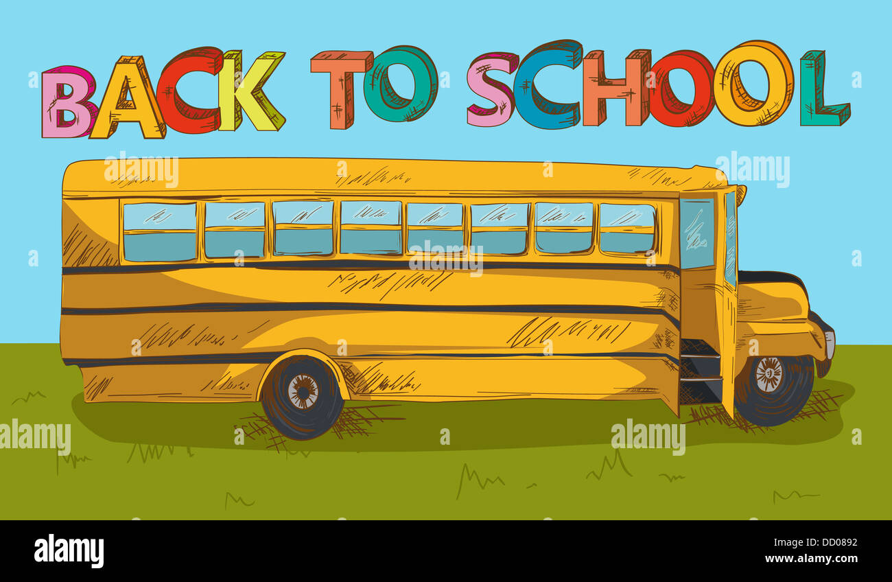 Education cartoon back to school beautiful school bus with blue sky and ...