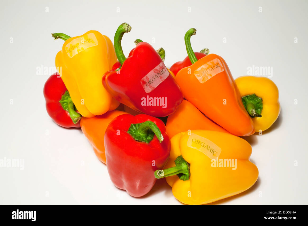Bell Peppers With Organic Labels; Waterloo, Quebec, Canada Stock Photo ...
