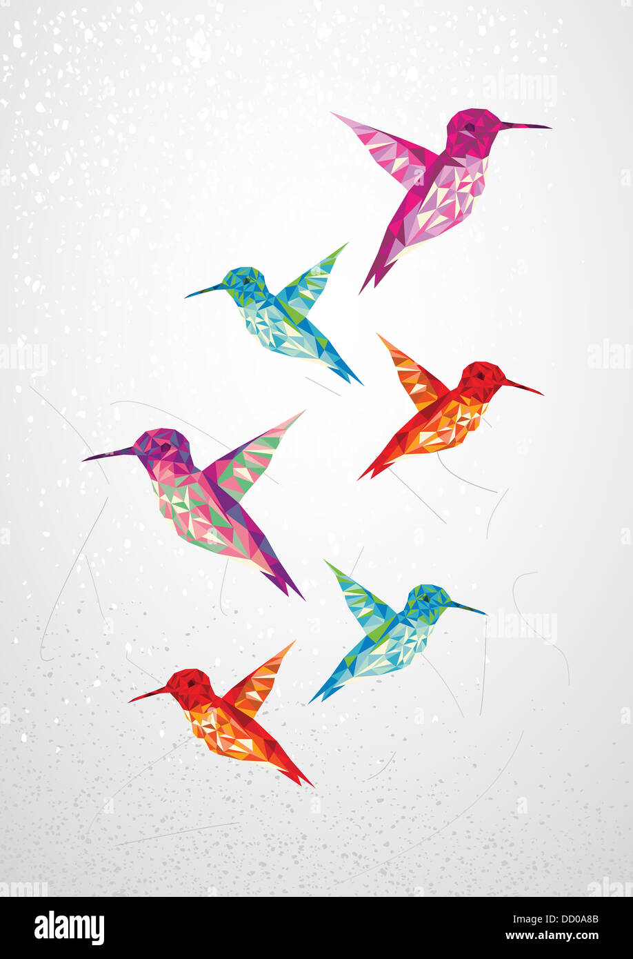 Colorful abstract humming birds triangle shapes over grunge background ...