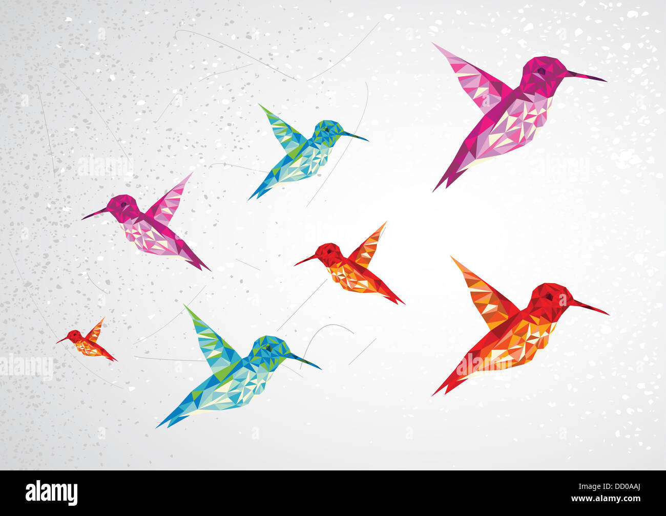 Trendy colorful abstract humming birds triangle shapes over grunge ...