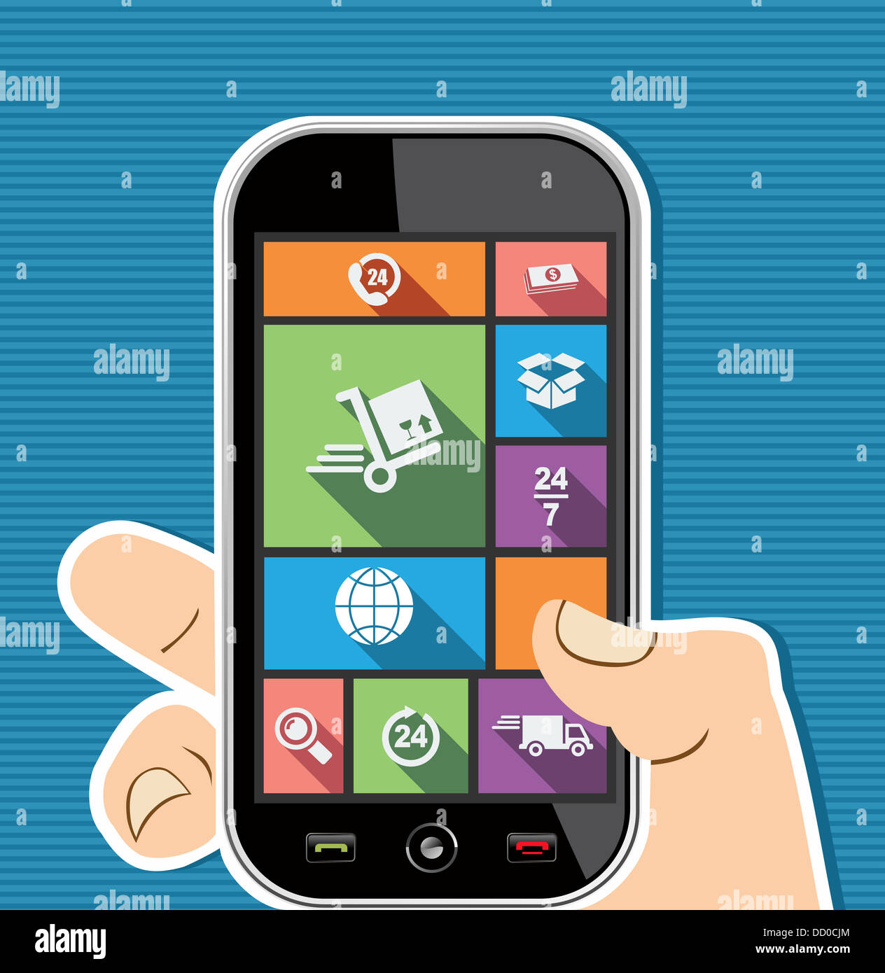 Internet elements human hand holds a smart phone UI applications ...