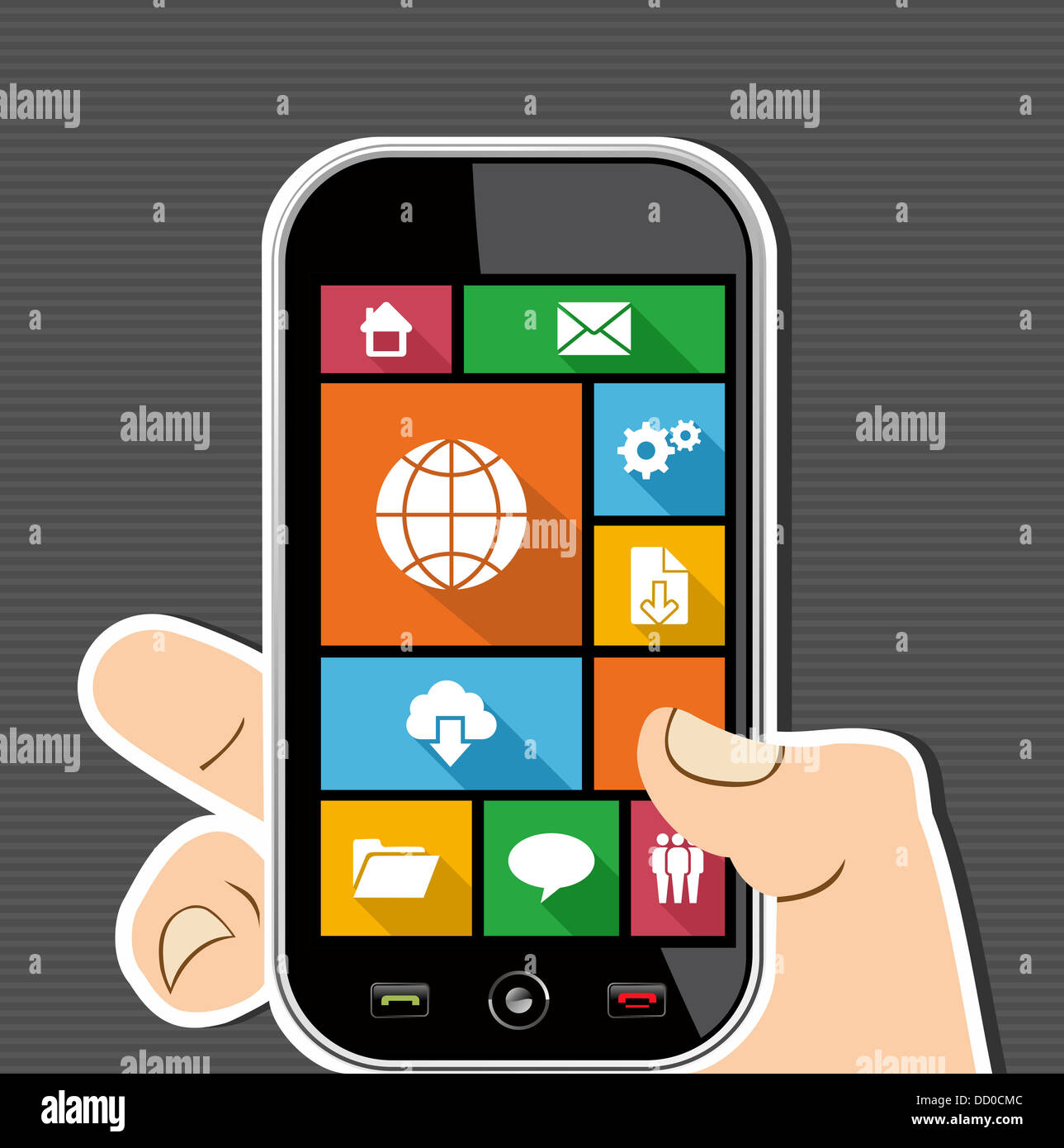 Internet elements human hand holds a smart phone UI applications ...