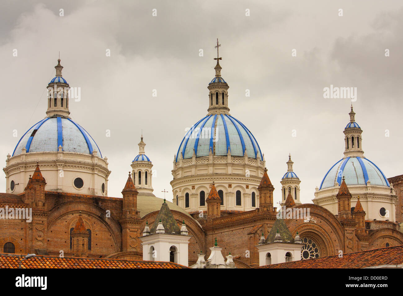 The blue tiled domes of Cathedral of the Immaculate Conception in Cuenca Ecuador which is also ...